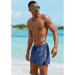 Venice Beach Herren Badeshorts, blau, Gr. M, unifarben mit Farbeinsatz, Microfaser, Recycling-Polyester, Badehosen, mit gro&szlig;em Markenschriftzug