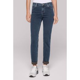 SOCCX Damen Slim-fit-Jeans, blau, Gr. 33, Abriebeffekte, Sweatware, Material: 98% Baumwolle, 2% Elasthan, Zusatz: Enth&auml;lt nichttextile Teile