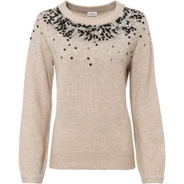 bonprix Damen Strickpullover, beige, Gr. 48, bestickt, unifarben, Feinstrick, Obermaterial: 69% Polyacryl, 27% Polyester, 4% Elasthan, Pullover, mit