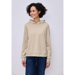 Sweatshirt Street One, Damen, Gr. 34, cotton beige, Sweatware, 85% Baumwolle, 15% Polyester, bedruckt, comfort fit, ohne Ausschnitt, Rippb&uuml;ndchen, Sweatshirts Sweatshirt, mit Kapuze