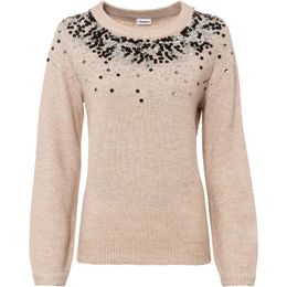 bonprix Damen Strickpullover, beige, Gr. 40, bestickt, unifarben, Feinstrick, Obermaterial: 69% Polyacryl, 27% Polyester, 4% Elasthan, Pullover, mit