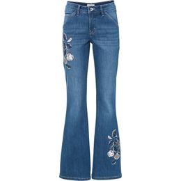 bonprix Damen Schlagjeans, blau, Gr. 38, Obermaterial: 82% Baumwolle, 17% Polyester, 1% Elasthan, Jeans, Regular Fit, aus Baumwolle, Polyester und