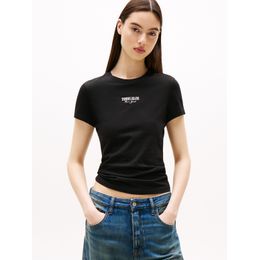 Tommy Jeans Damen Kurzarmshirt "TJW SLIM ESSENTIAL LOGO2 TEE EXT", schwarz, Gr. M, unifarben, Single Jersey, Obermaterial: 70% Baumwolle, 30%