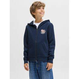 Jack & Jones Jungen Kapuzensweatshirt "JJELOGO SWEAT ZIPHOOD 2COL AW25 NOOS JNR", blau, Gr. 140, JACK & JONES JUNIOR, bedruckt, angeraute Sweatware, Obermaterial:
