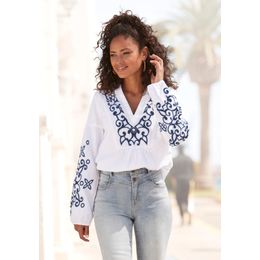 Lascana Damen Langarmbluse, wei&szlig;, Gr. 44, bestickt, unifarben, Web, Obermaterial: 58% Viskose, 28% Baumwolle, 14% Leinen, Blusen, mit aufwendiger