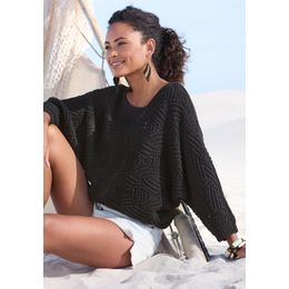 Lascana Damen Fledermauspullover "mit aufwendigem Strickmuster, Lochstrickmuster", schwarz, Gr. 40, unifarben, Strick, Obermaterial: 60% Baumwolle,