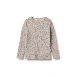 Wheat M&auml;dchen Longsleeve "Wheat Wool T-Shirt L/S Alfie"blau flower, Gr. 110, gebl&uuml;mt, 100% Merino, Shirts