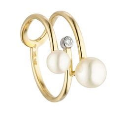 Jobo Damen Perlenring "Ring mit 2 Perlen und Diamant", 60, SI = kleine Einschl&uuml;sse, Diamanten Gelbgold 585 Perlen, gelb, Diamanten, Gelbgold 585,
