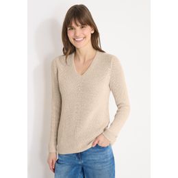Strickpullover Cecil, Damen, Gr. L (42), pearl beige, Web, 75% Baumwolle, 25% Polyester, unifarben, normal normal, V-Ausschnitt, normaler Saum, Pullover Strickpullover, mit abgerundetem V-Ausschnitt