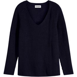bonprix Damen Strickpullover "Gerippter Pullover aus reiner Baumwolle", blau, Gr. 48, unifarben, Strick, Obermaterial: 100% Baumwolle, Pullover, aus