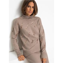 bonprix Pullover aus softem Viskose-Mix, braun, Gr.32/34 (XS), Moderner Pullover mit Pailletten