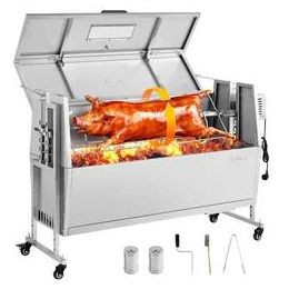 VEVOR Drehspie&szlig;grill 38 W Spanferkelgrill Lammgrill Holzkohlegrill (1168,4 mm Grilll&auml;nge) mit 60 kg Tragkraft & R&auml;dern & 4-facher H&ouml;henverstellung & Deckel, Edelstahl-Elektrogrill-Set f&uuml;r Camping