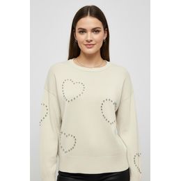 Rundhalspullover Only "ONLBEE LS HEART BLING O-NECK CC KNT", Damen, Gr. L, baby's breath detail:silber bling, Strick, Obermaterial: 80% Viskose, 20% Polyester, unifarben, regular fit normal, Rundhals, Pullover Rundhalspullover, mit Glitzersteinen