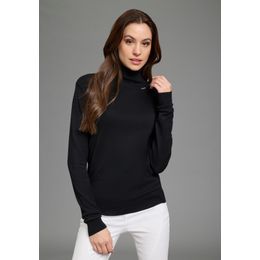 Rollkragenpullover Bruno Banani, Damen, Gr. 36/38, schwarz, Feinstrick, Obermaterial: 70% Viskose, 30% Polyamid, clean, unifarben, Basic, figurbetont h&uuml;ftlang, hoch geschlossener Ausschnitt, Rippb&uuml;ndchen, Pullover Pullover Rollkragenpullover, mit Metalllogo