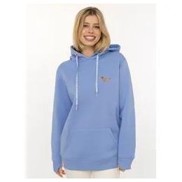 Hoodie Zwillingsherz "Kleiner Dackel", Damen, Gr. L/XL, blau (mittelblau), angeraute Sweatware, Obermaterial: 50% Baumwolle, 50% Polyester, unifarben, Sweatshirts Hoodie, "Dackel"-Stickerei, bedruckter Kordelzug, K&auml;ngurutasche