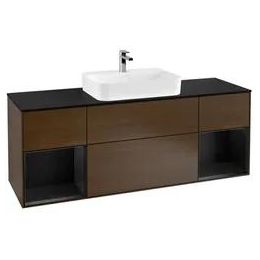 Villeroy & Boch Villeroy und Boch Finion Waschtischunterschrank G452PDGN 160cm, Abdeckplatte black matt, Emotion, Regale Black matt lacquer, Walnut veneer