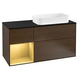Villeroy & Boch Villeroy und Boch Finion Waschtischunterschrank F272HFGN 120cm, Abdeckplatte black matt, Regal links Gold matt, Walnut veneer