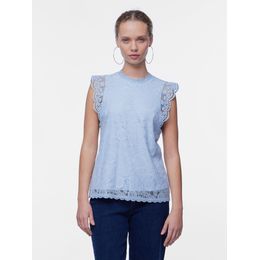 Spitzentop Pieces "PCOLLINE", Damen, Gr. M, blau (hellblau), Spitze, Obermaterial: 90% Nylon, 10% Elasthan, unifarben, figurumspielend normal, Rundhals, Spitze, Tops Spitzentop