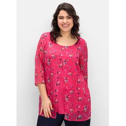 Longbluse Classic Basics, Damen, Gr. 52, bunt (pink, marine, bedruckt), 100% Polyester, gebl&uuml;mt, gemustert, mehrfarbig, Rundhals, Blusen Longbluse