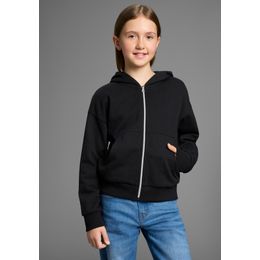 Kapuzensweatjacke Kidsworld "L&auml;ssige Sweatjacke mit kleinem Logo", M&auml;dchen, Gr. 140/146, schwarz, angeraute Sweatware, Obermaterial: 60% Baumwolle, 40% Polyester. Kapuzenfutter: 100% Baumwolle, bestickt, bequem h&uuml;ftlang, Rippb&uuml;ndchen, Sweatjacken Kapuzensweatjacke, Lockere Form, Topseller