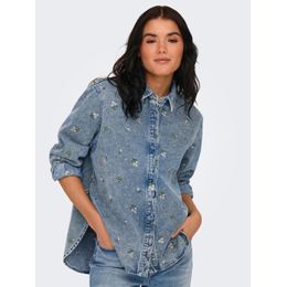 Jeansbluse Only "ONLVERA L/S FLOWER EMB SHIRT DNM YOR", Damen, Gr. XL, blau (light blau denim detail:flower emb), Denim/Jeans, Obermaterial: 100% Baumwolle, bestickt, loose fit h&uuml;ftbedeckend, Blusen Jeansbluse, Topseller