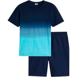 T-Shirt bonprix "T-Shirt und Sweat-Bermuda (2-tlg.Set) aus reiner Baumwolle", Herren, Gr. 60/62 (XXL), blau (dunkelblau, aqua), Obermaterial: 100% Baumwolle. Unterteil: 100% Baumwolle, mehrfarbig, regular fit, Rundhals, Shirts T-Shirt, regular fit, Kurzarm, zweiteiliges Set mit Sweat-Bermuda