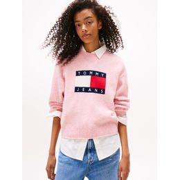 Strickpullover Tommy Jeans "TJW MELANGE FLAG SWEATER RIB EXT", Damen, Gr. XL (42), rosa (mystic pink htr), Strick, Obermaterial: 70% Polyacryl, 23% Polyamid, 5% Wolle, 2% Elasthan, meliert, figurbetont normal, Rundhals, Pullover Strickpullover, in gerippter Struktur