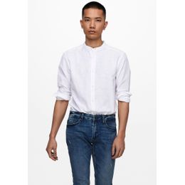 Only & Sons Langarmhemd ONLY & SONS "ONSCAIDEN LS SOLID LINEN MAO SHIRT NOOS", Herren, Gr. L, N-Gr, wei&szlig;, Web, Obermaterial: 55% Baumwolle, 45% Leinen, unifarben, slim fit, Rundhals, 2-Knopf-Manschette, Hemden Langarmhemd