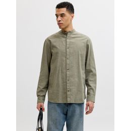 Jack & Jones Langarmhemd JACK & JONES "JJESUMMER LINEN BLEND BAND SHIRT L/S SN", Damen, Gr. XL, N-Gr, dusty olive, Web, Obermaterial: 70% Baumwolle, 30% Leinen, unifarben, regular fit normal, 1-Knopf-Manschette, Hemden Langarmhemd, Baumwollmischung, regular fit