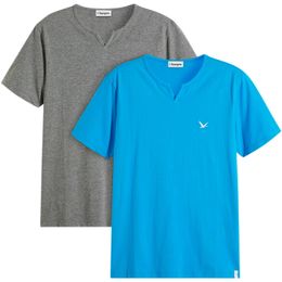 T-Shirt bonprix "T-Shirt (2er Pack)", Herren, Gr. 56/58 (XL), blau (mittelmeerblau, grau meliert), Obermaterial: 70% Baumwolle, 30% Viskose, unifarben, regular fit, V-Ausschnitt, Shirts T-Shirt, bequemer regular fit, Kurzarm-Design, V-Ausschnitt