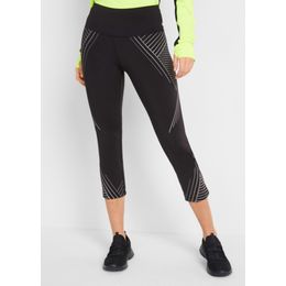 Trainingstights bonprix "Sport-Leggings mit Tasche, 3/4-L&auml;nge", Damen, Gr. 44/46 (L), N-Gr, schwarz (schwarz graphisch bedruckt), Obermaterial: 85% Polyester, 15% Elasthan, skinny fit, Hosen Trainingstights, aus Power-Stretch-Material, 3/4-L&auml;nge, Skinny Fit