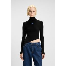Rollkragenpullover HUGO BLUE "Somyna", Damen, Gr. S, schwarz (schwarz 001), Rippstrick, Obermaterial: 56% Viskose, 42% Polyamid, 2% Elasthan, unifarben, figurbetont, hoch geschlossener Ausschnitt, &Auml;rmel mit &Auml;rmelschlitz ausgestellter Saum, Pullover Rollkragenpullover, Slim Fit, mit asymmetrischem Saum