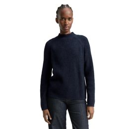 V-Ausschnitt-Pullover Tom Tailor Denim, Damen, Gr. M, blau (dunkelblau melange), Strick, Obermaterial: 62% Polyacryl, 25% Polyester, 10% Baumwolle, 3% sonstige Fasern, meliert, Basic Po-bedeckend, ohne Ausschnitt, gerader Abschluss, Pullover V-Ausschnitt-Pullover, mit Stehkragen