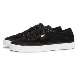 Plateausneaker Tommy Hilfiger "TH OPEN MESH VULC SNEAKER", Damen, Gr. 40, schwarz, Textil, Schuhe Plateausneaker, Freizeitschuh, Halbschuh, Schn&uuml;rschuh mit Logoflagge
