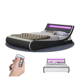 Juskys Polsterbett Bett Valencia 140 x 200 cm schwarz mit Kaltschaummatratze Einzelbett mit LED