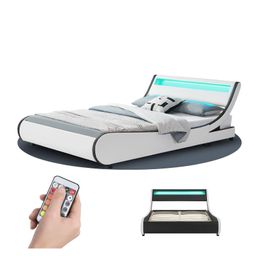Juskys Polsterbett Valencia 140x200 cm - Bett mit Lattenrost & LED Beleuchtung &ndash; Jugendbett wei&szlig;