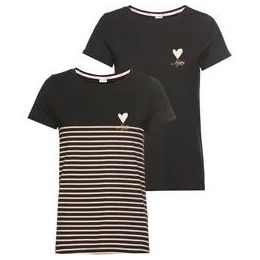 T-Shirt Kangaroos, Damen, Gr. 36/38, schwarz (schwa, rosa, gestreift, schwarz), Single Jersey, Obermaterial: 50% Baumwolle, 50% Modal, bestickt, gestreift, figurbetont h&uuml;ftlang, U-Boot-Ausschnitt, abgesteppt, Shirts T-Shirt, aus weicher Baumwollware