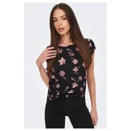 Shirtbluse Only "ONLVIC S/S AOP TOP NOOS PTM", Damen, Gr. 38 (M), schwarz aop:magnolia, Web, Obermaterial: 97% Polyester, 3% Elasthan, bedruckt, regular fit h&uuml;ftlang, Rundhals, Blusen, mit Allover Druck