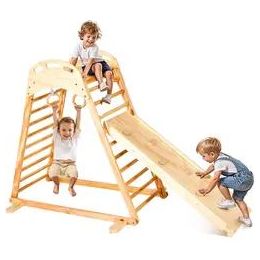 VEVOR Indoor Spielplatz Kletterger&uuml;st Set (4 in 1) aus Holz, 100 kg belastbares Montessori-Kletterspielzeug-Set mit Kletterfelsen/Rutsche/Holzleiter/Turnringen Holzfarbe