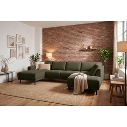 Wohnlandschaft Home Affaire "Sveeva, U-Form, XXL, B.310 cm, schwarze Metallf&uuml;&szlig;e", khaki, B:310cm H:78cm T:197cm, 100% PES, Sofas, Wohnlandschaft, langlebiger Webstoff, mit Wellenunterfederung, viele Farben