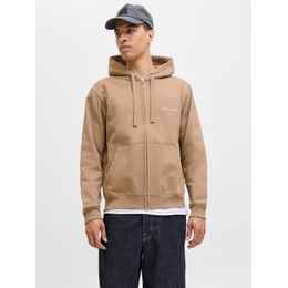 Jack & Jones Kapuzensweatshirt JACK & JONES "JORNORREBRO EMB SWEAT ZIP HOOD NOOS", Herren, Gr. L, mocha meringue, angeraute Sweatware, Obermaterial: 89% Baumwolle, 11% Polyester, bedruckt, relaxed fit normal, Rundhals, Rippb&uuml;ndchen, Sweatshirts Kapuzensweatshirt, mit Stickerei