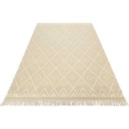 Teppich GREEN LOOOP "Vermont GL-82101", beige (beige, creme), B:80cm H:5mm L:150cm, Baumwolle, Schurwolle, Teppiche, Teppich, handgewebter Naturfaserteppich aus 80% Wolle 20% Baumwolle, Wohnzimmer