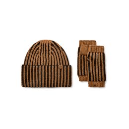 UGG Australia Strickm&uuml;tze UGG "Chunky Plaited Set", Damen, schwarz geringelt, Strick, Materialmix, mehrfarbig, M&uuml;tzen Strickm&uuml;tze, Strickm&uuml;tze mit Handstulpen im Set