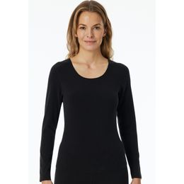 Langarmshirt Schiesser "Invisible Soft Warming", Damen, Gr. 38, schwarz (000, schwarz), Single Jersey, Obermaterial: 55% Polyacryl, 30% Viskose, 15% Elasthan, unifarben, Basic, k&ouml;rpernah h&uuml;ftlang, Rundhals, Shirts Langarmshirt, mit offen geschnittenen Kanten und flachen N&auml;hte