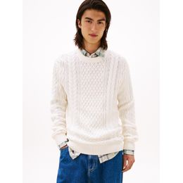 Strickpullover Tommy Jeans "BADGE CABLE", Herren, Gr. L, wei&szlig; (ancient wei&szlig; tonal), Strick, Obermaterial: 100% Baumwolle, slim fit h&uuml;ftlang, Rundhals, Pullover Strickpullover, Slim Fit, Rundhals