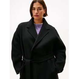 Kurzmantel Tommy Hilfiger Curve "CRV DF WOOL REG BELTED MIDI COAT", Damen, Gr. 50, schwarz, Web, Obermaterial: 60% Wolle, 40% Polyester, unifarben, wadenlang, V-Ausschnitt, M&auml;ntel Kurzmantel, in gro&szlig;en Gr&ouml;&szlig;en, aus reiner Wolle