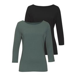 3/4-Arm-Shirt Lascana, Damen, Gr. 32/34, gr&uuml;n (eukalyptus, schwarz), Single Jersey, Obermaterial: 50% Baumwolle, 45% Modal (TENCEL&trade;), 5% Elasthan, unifarben, Basic, bequem, U-Boot-Ausschnitt, Shirts 3/4-Arm-Shirt, aus elastischer Baumwoll-Modal-Qualit&auml;t, Topseller