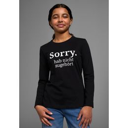 Langarmshirt Kidsworld "Sorry. hab nicht zugeh&ouml;rt", M&auml;dchen, Gr. 164/170, schwarz, Single Jersey, Obermaterial: 100% Baumwolle, bedruckt, Basic, Rundhals, Shirts Langarmshirt, Langarm, Basic-Passform, mit peppigem Druck und Statements, Topseller