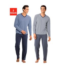Pyjama Le Jogger, Herren, Gr. 60/62 (XXL), blau (blau, marine, grau, anthrazit), Single Jersey, Obermaterial: 100% Baumwolle, gestreift, Basic, lang, V-Ausschnitt, abgesteppte Kante, Homewear-Sets Pyjama, Schlafanzug mit garngef&auml;rbten Streifen, Topseller