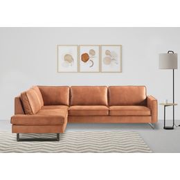 Ecksofa Home Affaire "Pinto, 290 cm, Cord, Chenille, Lederoptik, Ottomane links / rechts", braun (cognac), B:290cm H:85cm T:217cm, Luxus-Microfaser in Lederoptik (100% Polyester);Cord (92% Polyester, 8% Polyamide), Sofas, Ecksofa, mit Keder, schwarze Metallf&uuml;&szlig;e, Wellenunterfederung